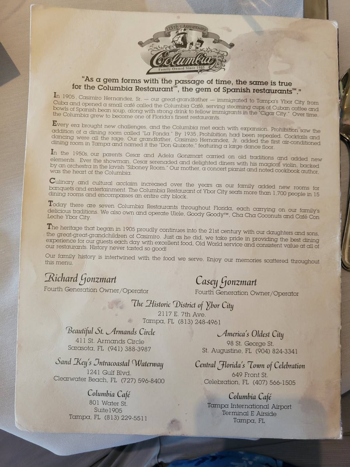 Menu at Columbia Restaurant, Sarasota