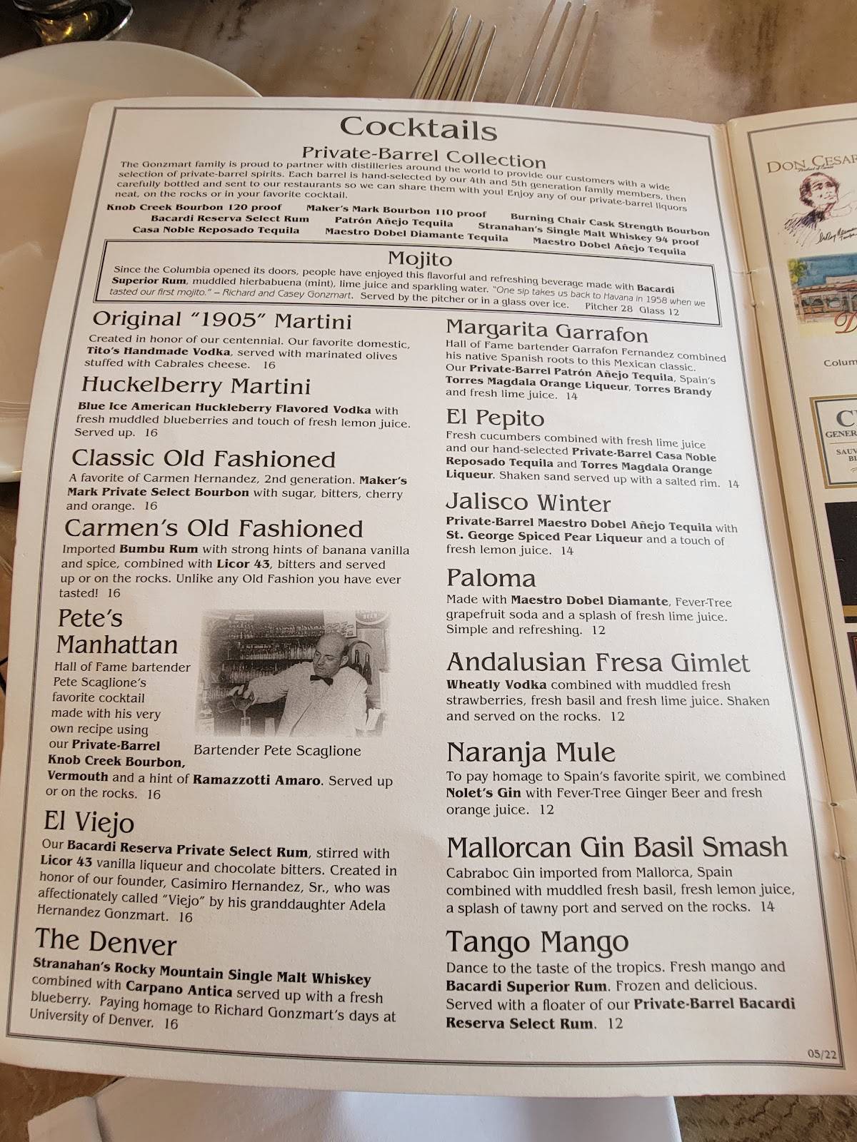 Menu at Columbia Restaurant, Sarasota