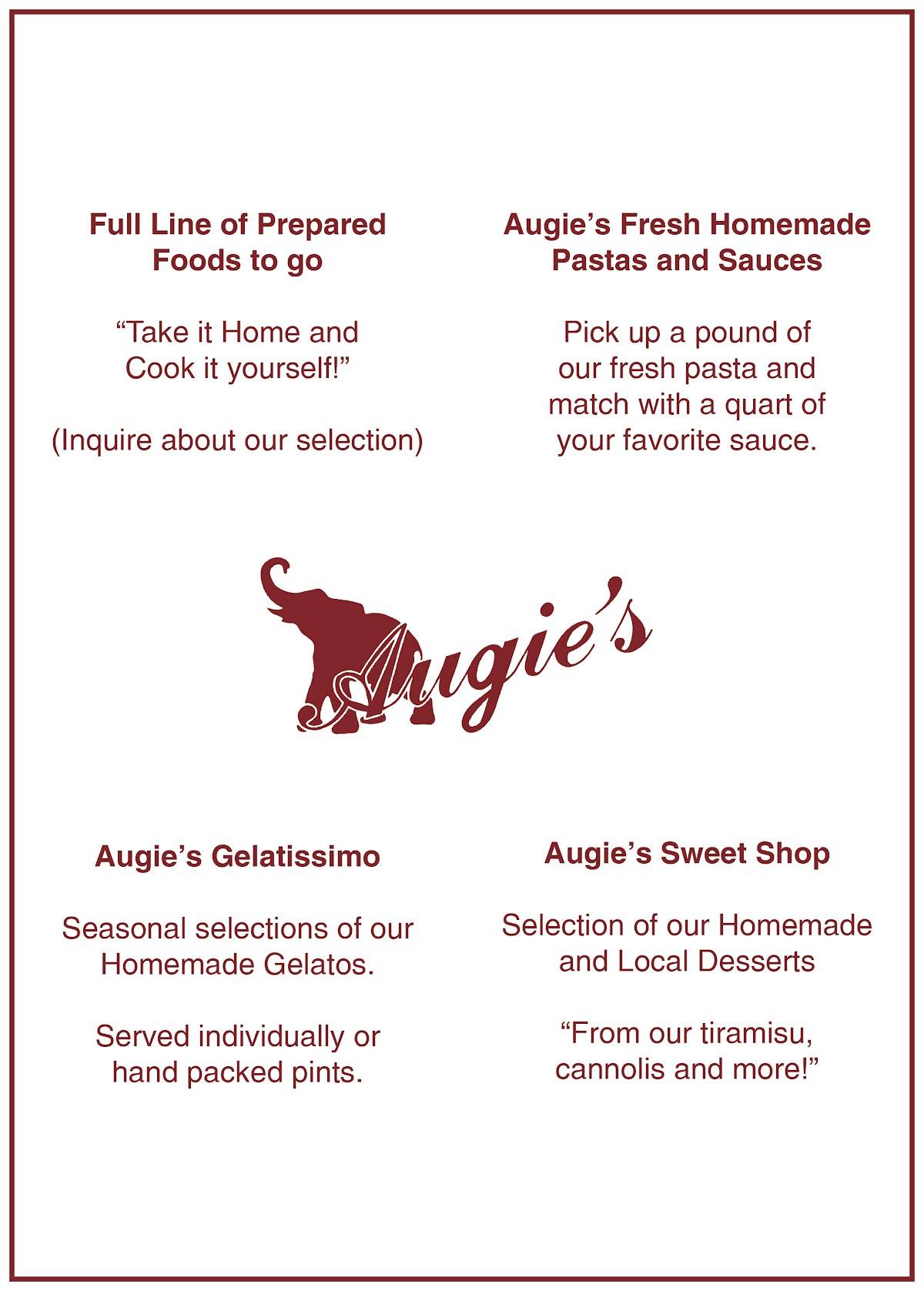 Menu at Augie's Family Style Italian To Go restaurant, Saratoga Springs
