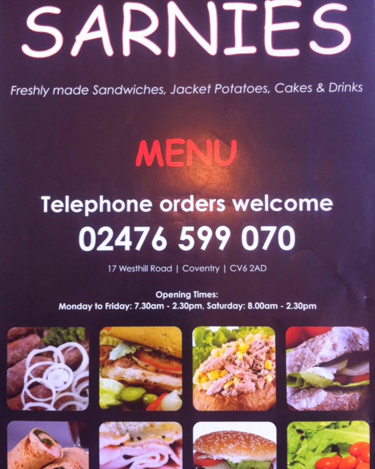 Menu at Sarnies restaurant, Coventry