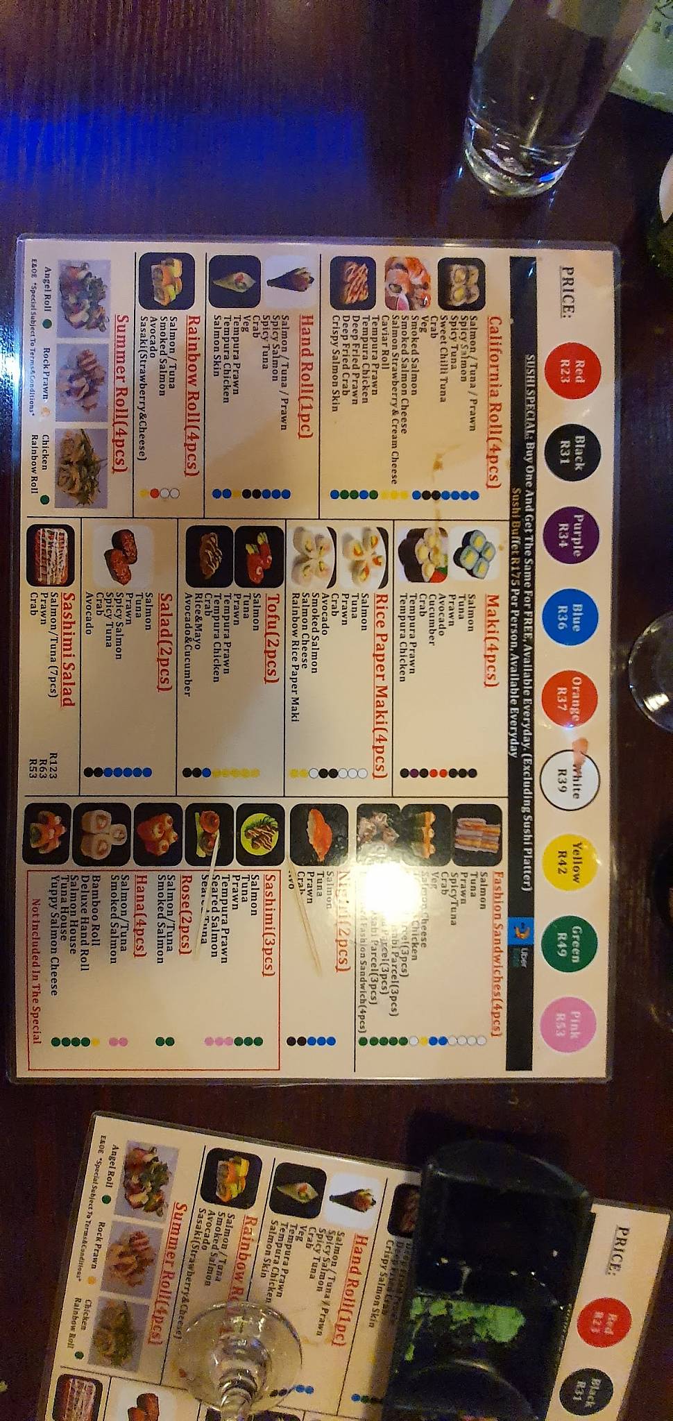 Menu at Sasaki Sushi restaurant, Pretoria, Atterbury Rd