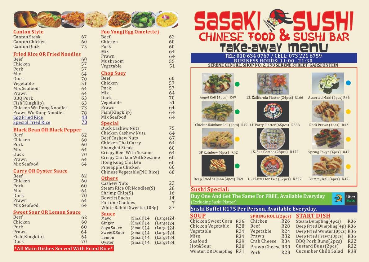 Menu at Sasaki Sushi restaurant, Pretoria, Atterbury Rd