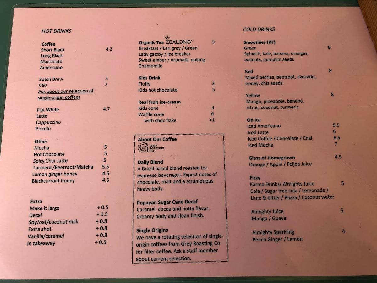 Menu at Saturdays cafe, Christchurch