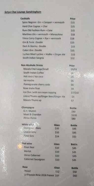 Menu at Satya Chai Lounge pub & bar, Auckland, 515A Sandringham Road