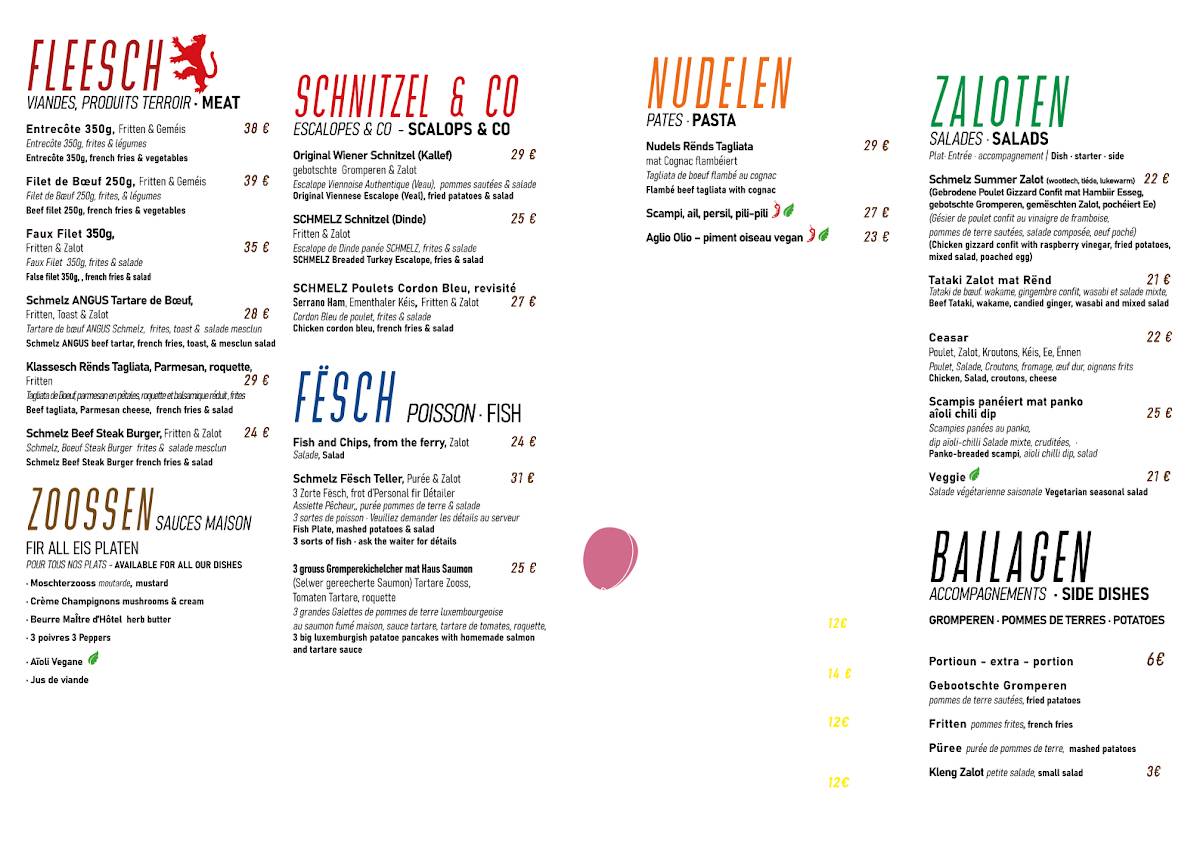 Menu at Schmelz restaurant, Esch-sur-Alzette