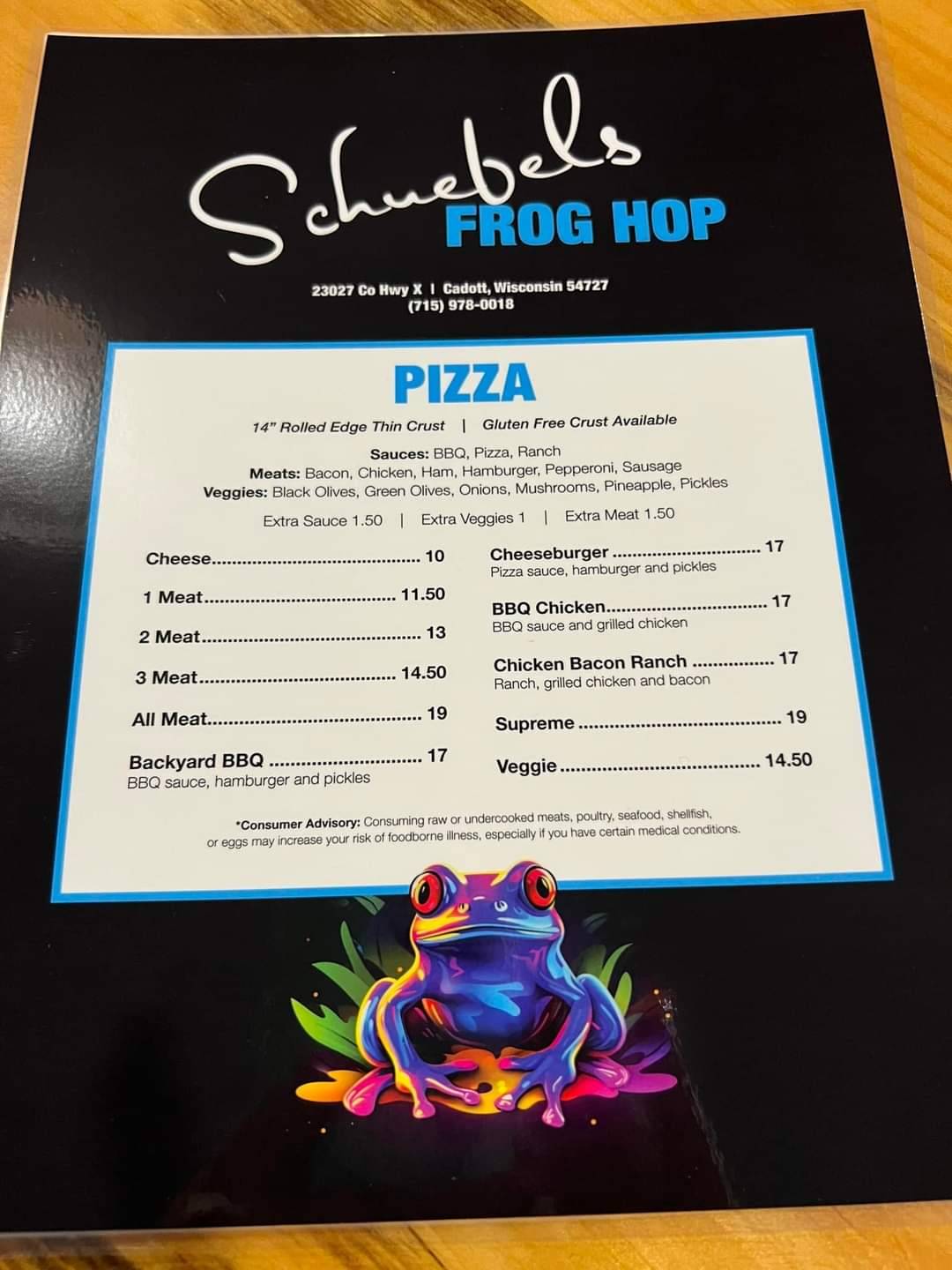 Menu at Schuebels Frog Hop pub & bar, Cadott