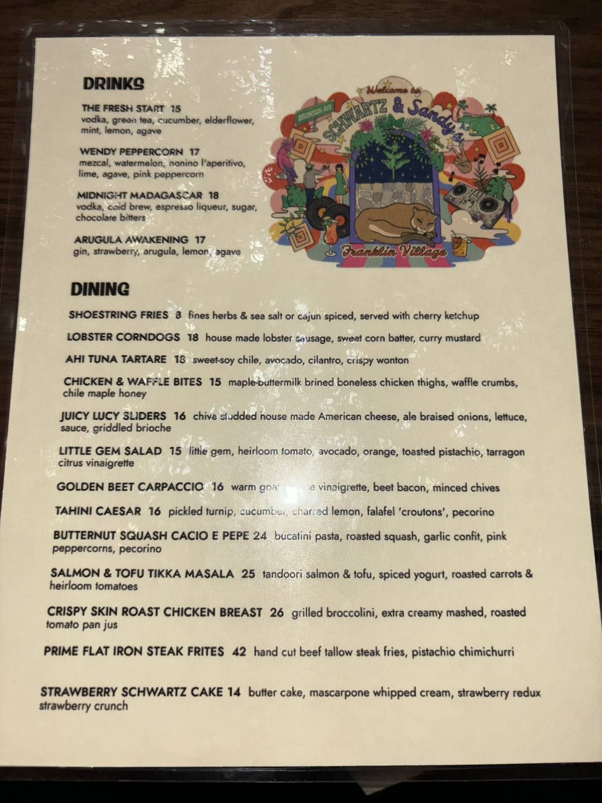 Menu at Schwartz & Sandy's Lounge pub & bar, Los Angeles