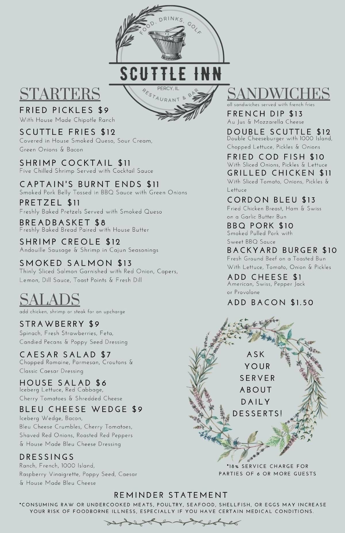 Menu at Scuttle Inn restaurant, Percy