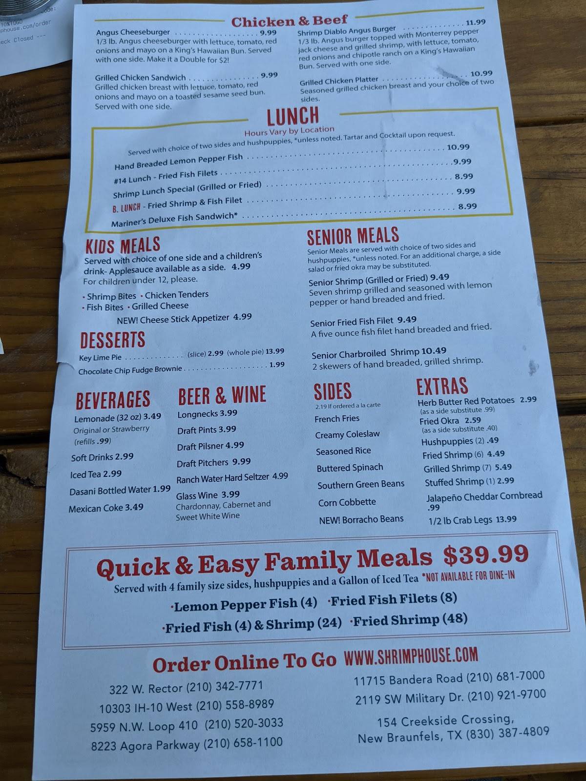 Menu at Sea Island Shrimp House restaurant, San Antonio, I-10