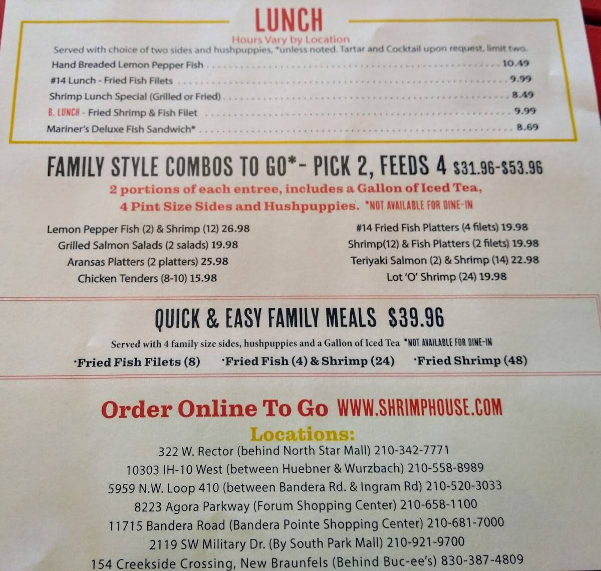 Menu at Sea Island Shrimp House restaurant, San Antonio, I-10