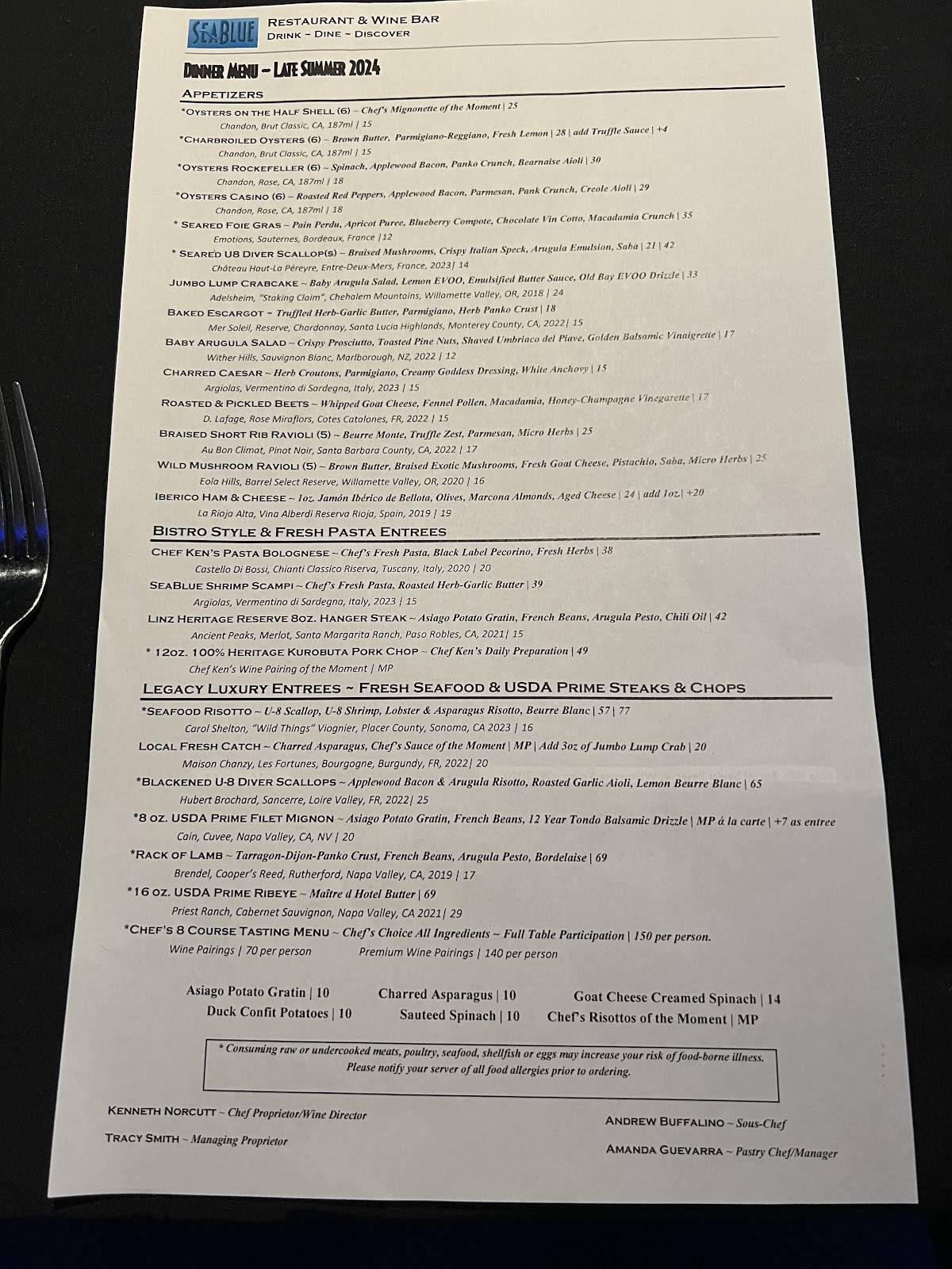 Menu at SeaBlue Restaurant & Wine Bar, North Myrtle Beach