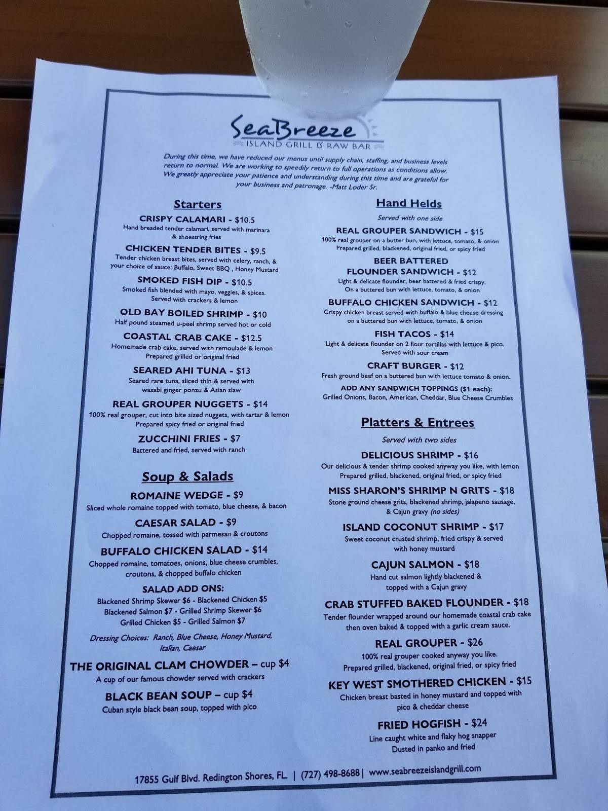 Menu at SeaBreeze Island Grill restaurant, Redington Shores