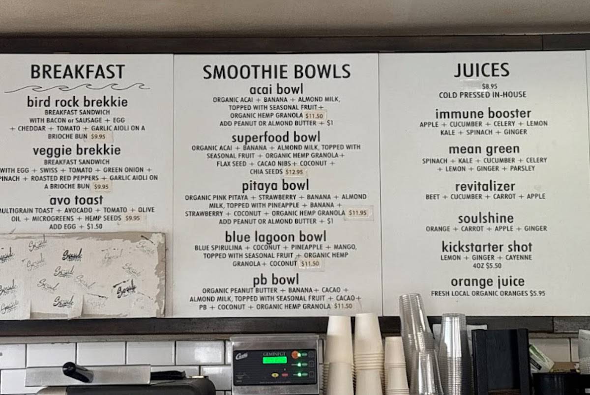 Menu at Seaside Surf Cafe, San Diego, La Jolla Blvd