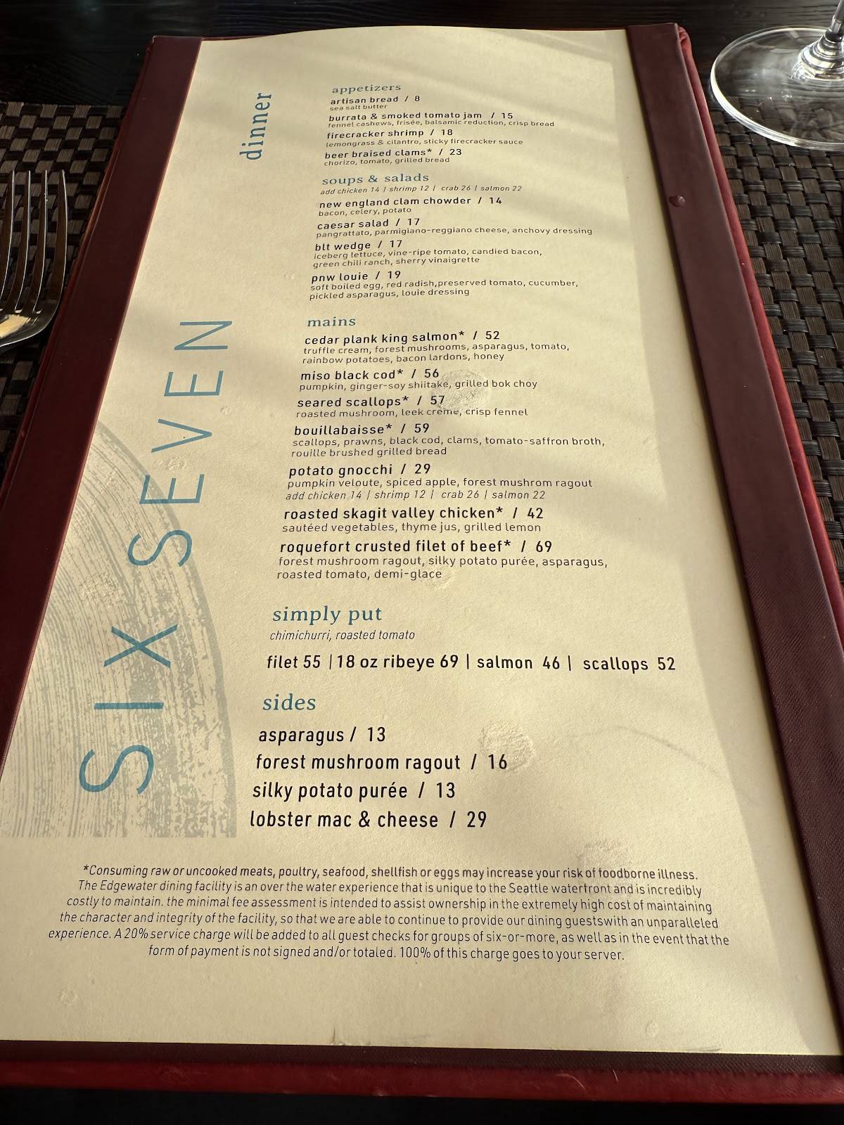 Menu at Six Seven Restaurant, Seattle