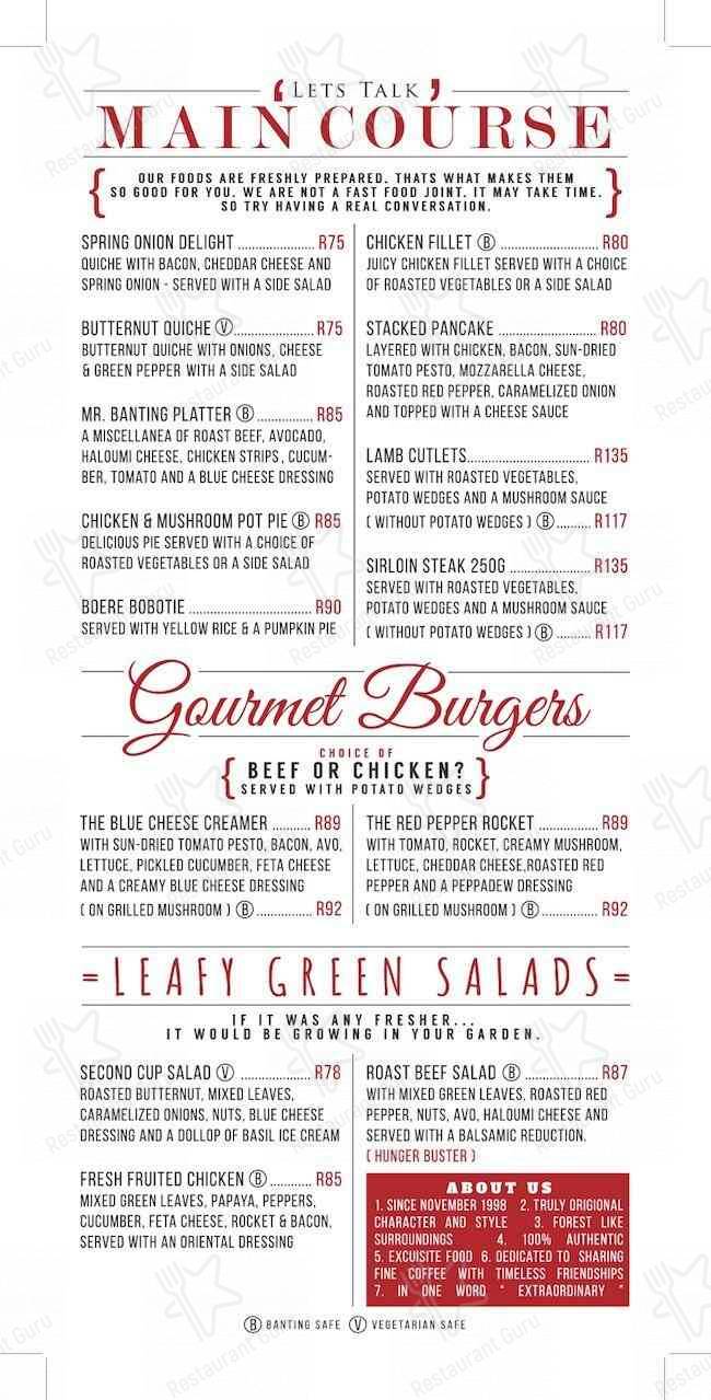 Menu at Second Cup restaurant, Johannesburg, John Vorster Rd
