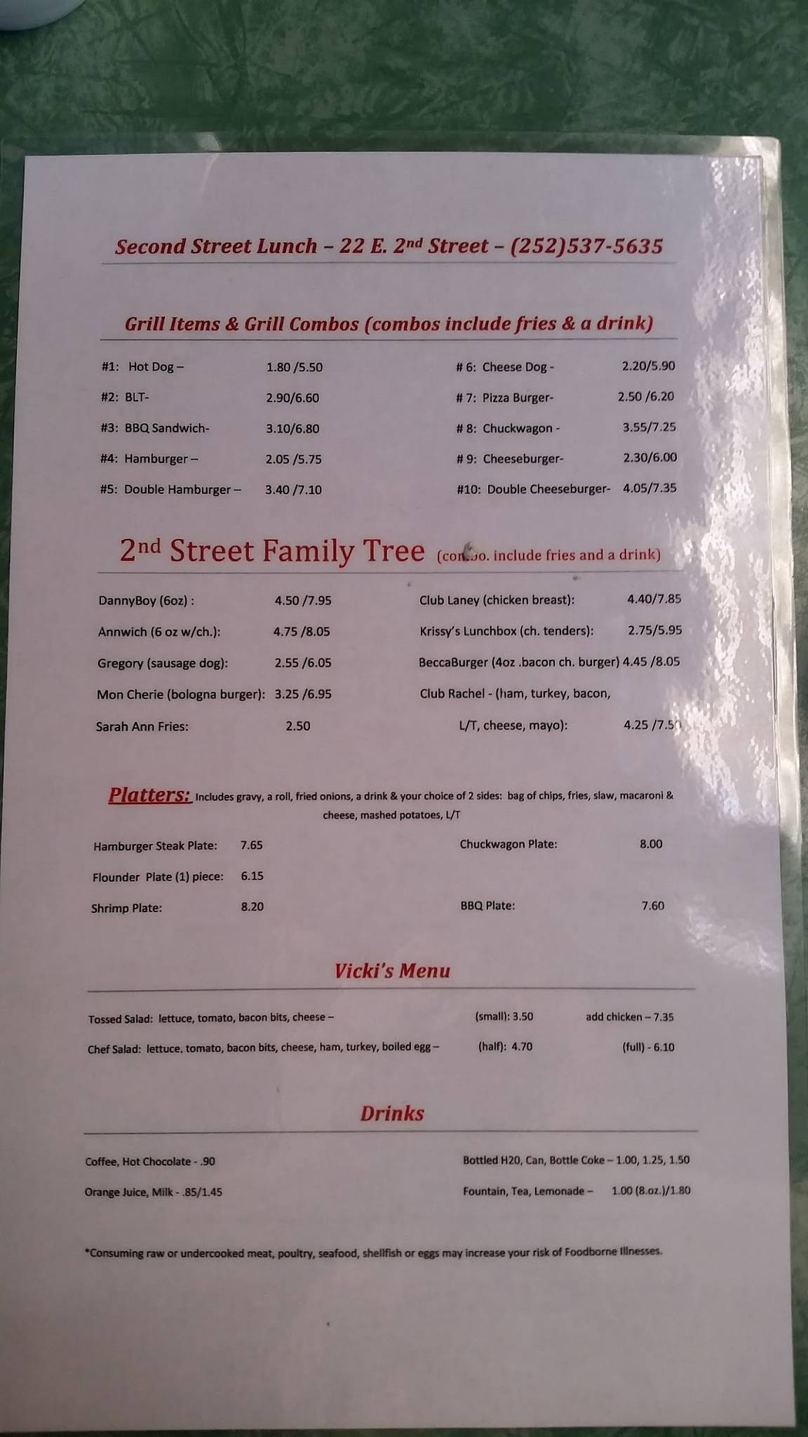 Menu at Second Street Lunch restaurant, Roanoke Rapids