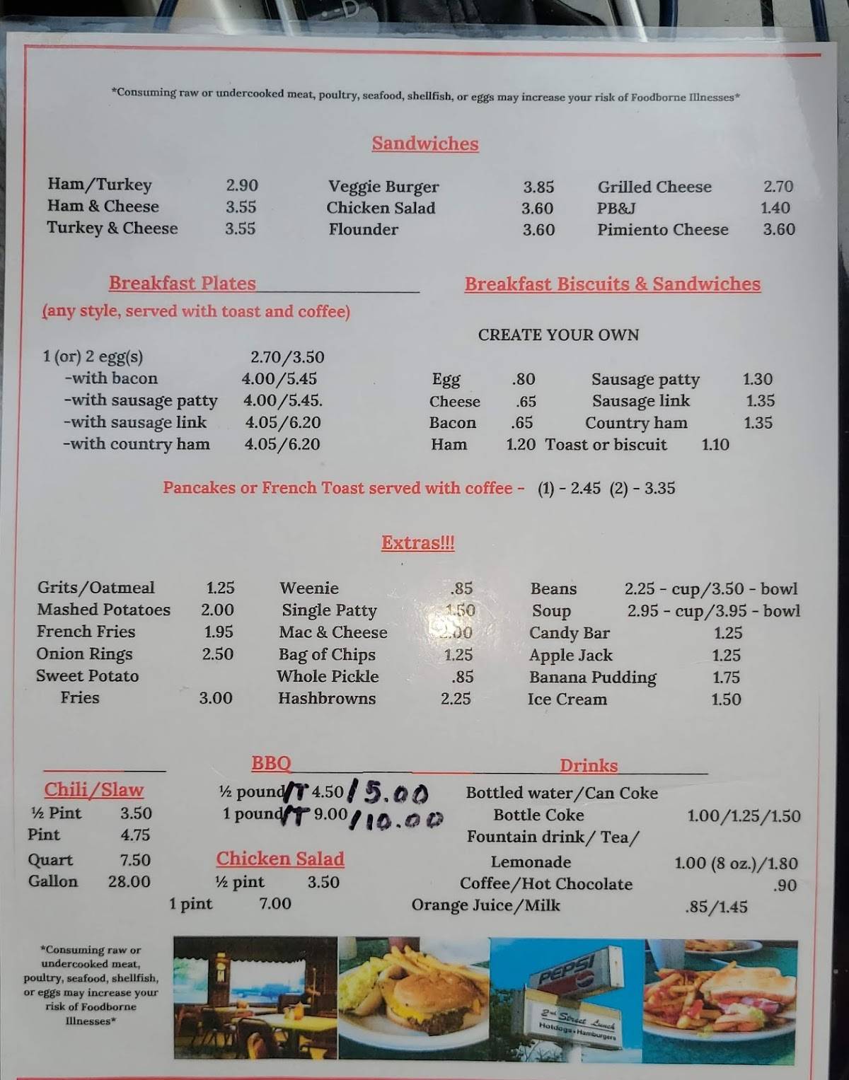 Menu at Second Street Lunch restaurant, Roanoke Rapids