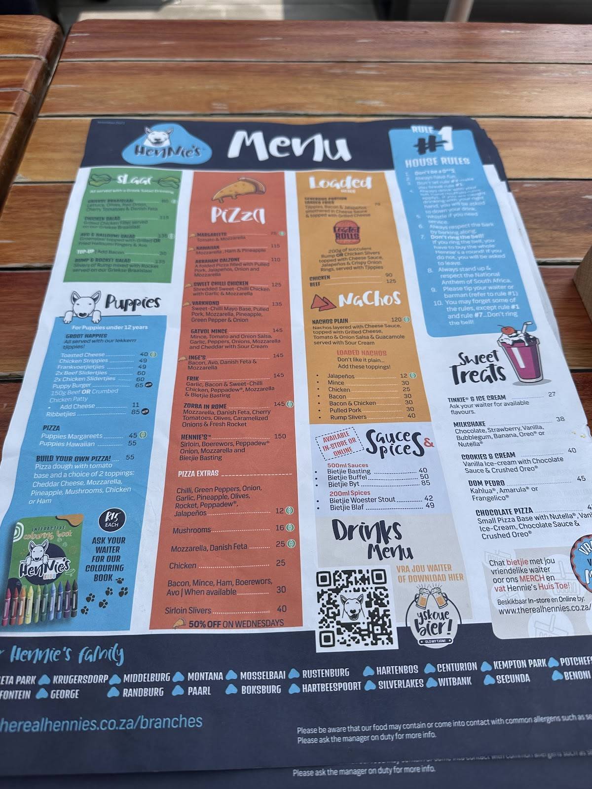 Menu at Hennie's Secunda Restaurant, Secunda