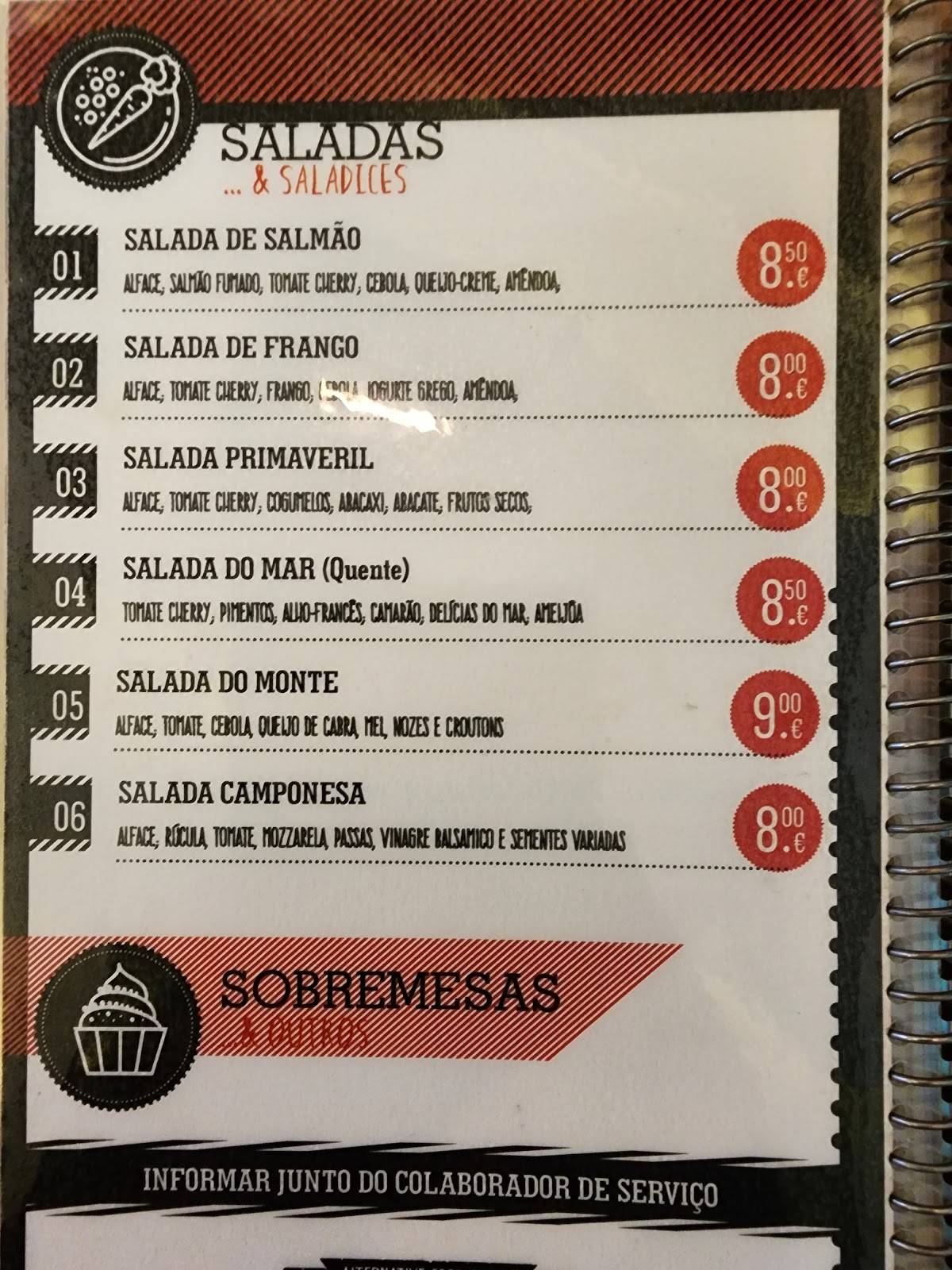 Menu em Sei lá restaurante, Seia