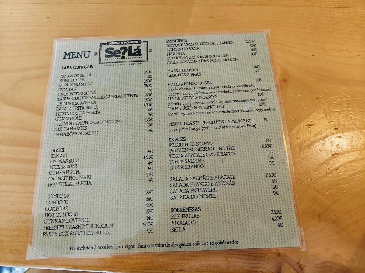 Menu em Sei lá restaurante, Seia