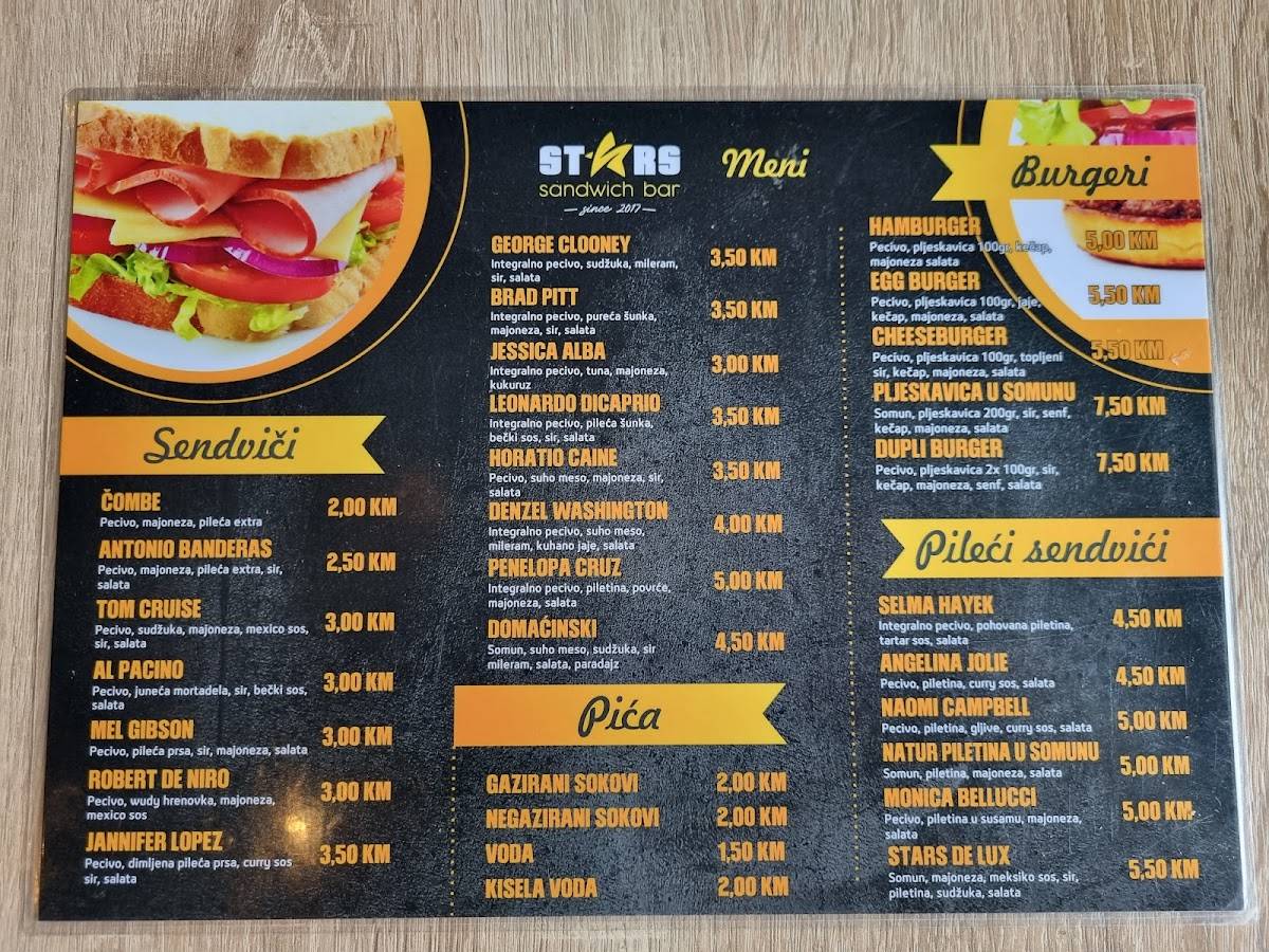Menu at Sendvič bar STARS, Bosnia and Herzegovina