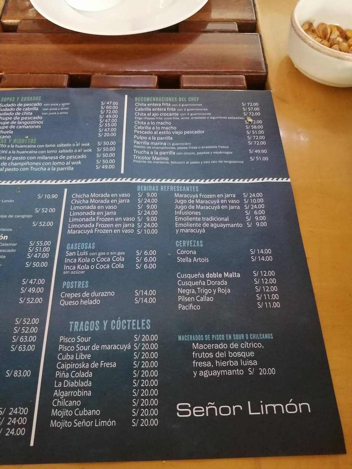 Carta del restaurante Señor Limón, La Molina, Av. Javier Prado Este 5335