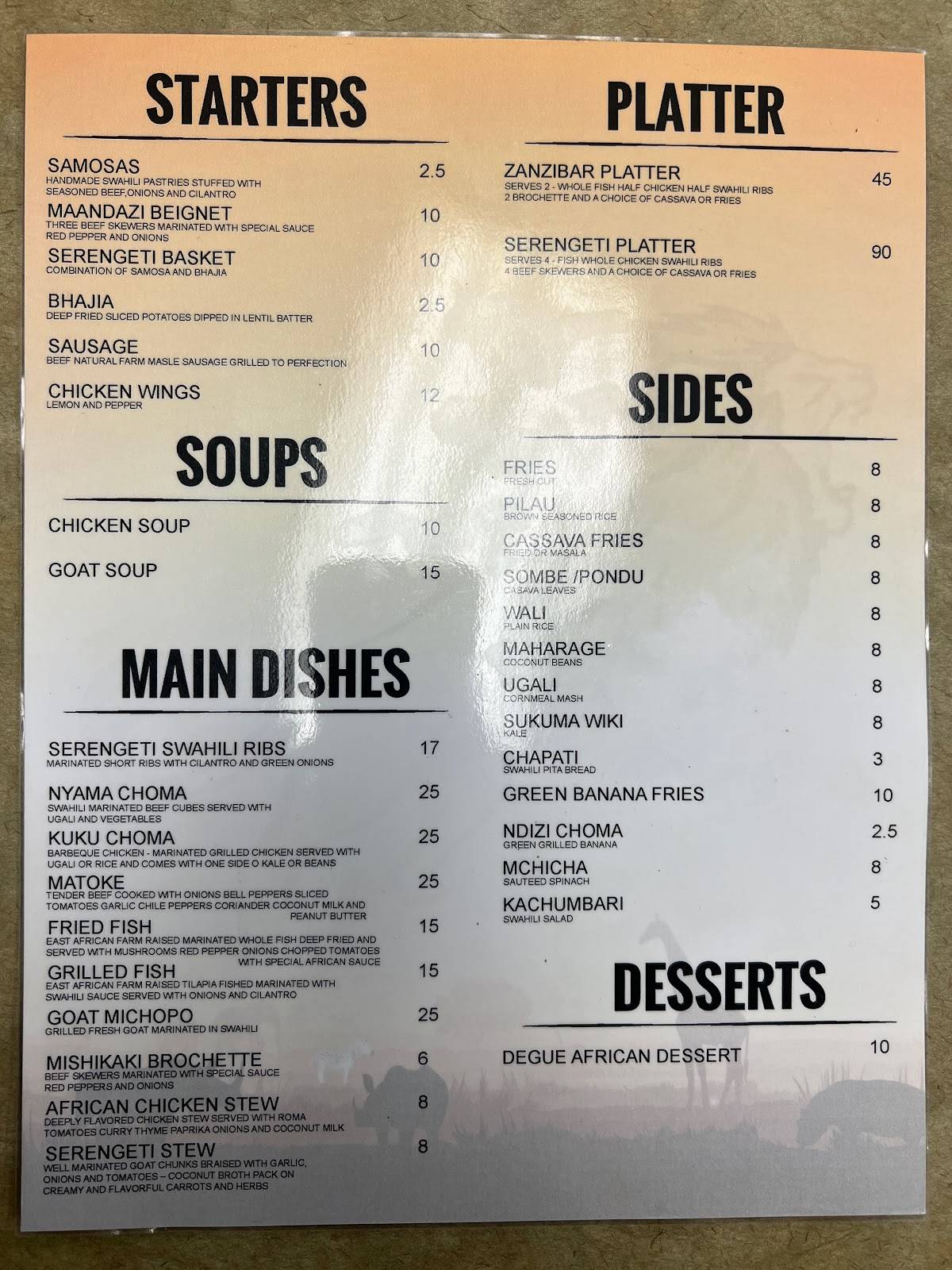 Menu at Serengeti BBQ, Edmonton