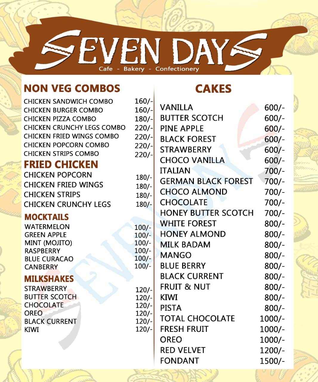 Menu at Seven Days cafe - Satyanarayana Puram, Vijayawada, Bhagat Singh Rd