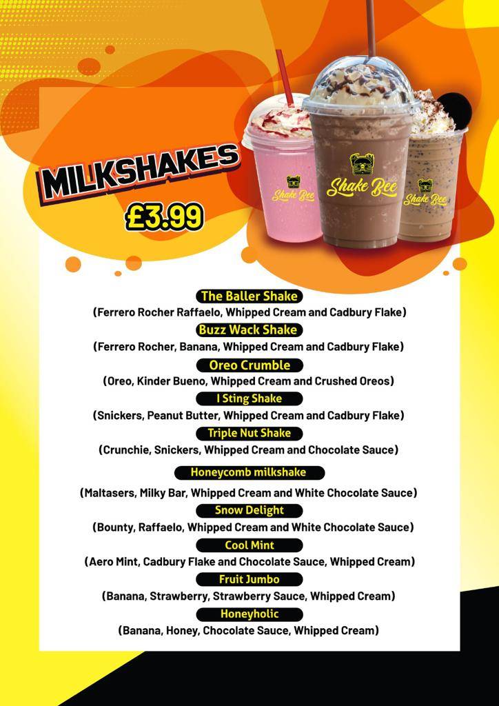 Menu at Shake Bee restaurant, Manchester