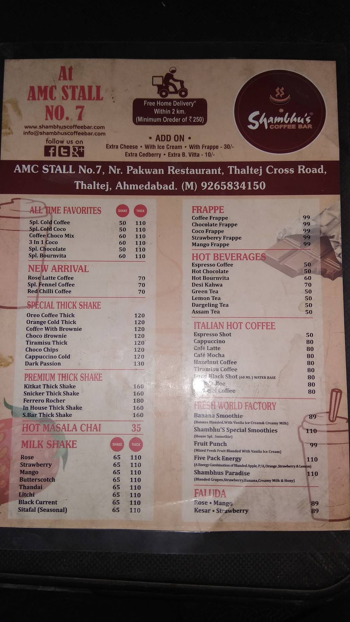 Menu at Shambhu's Coffee Bar, Ahmedabad, Pakwan circle