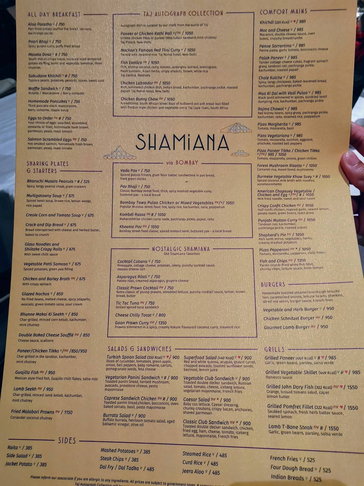 Menu at Shamiana, Mumbai, The Taj Mahal Palace Hotel