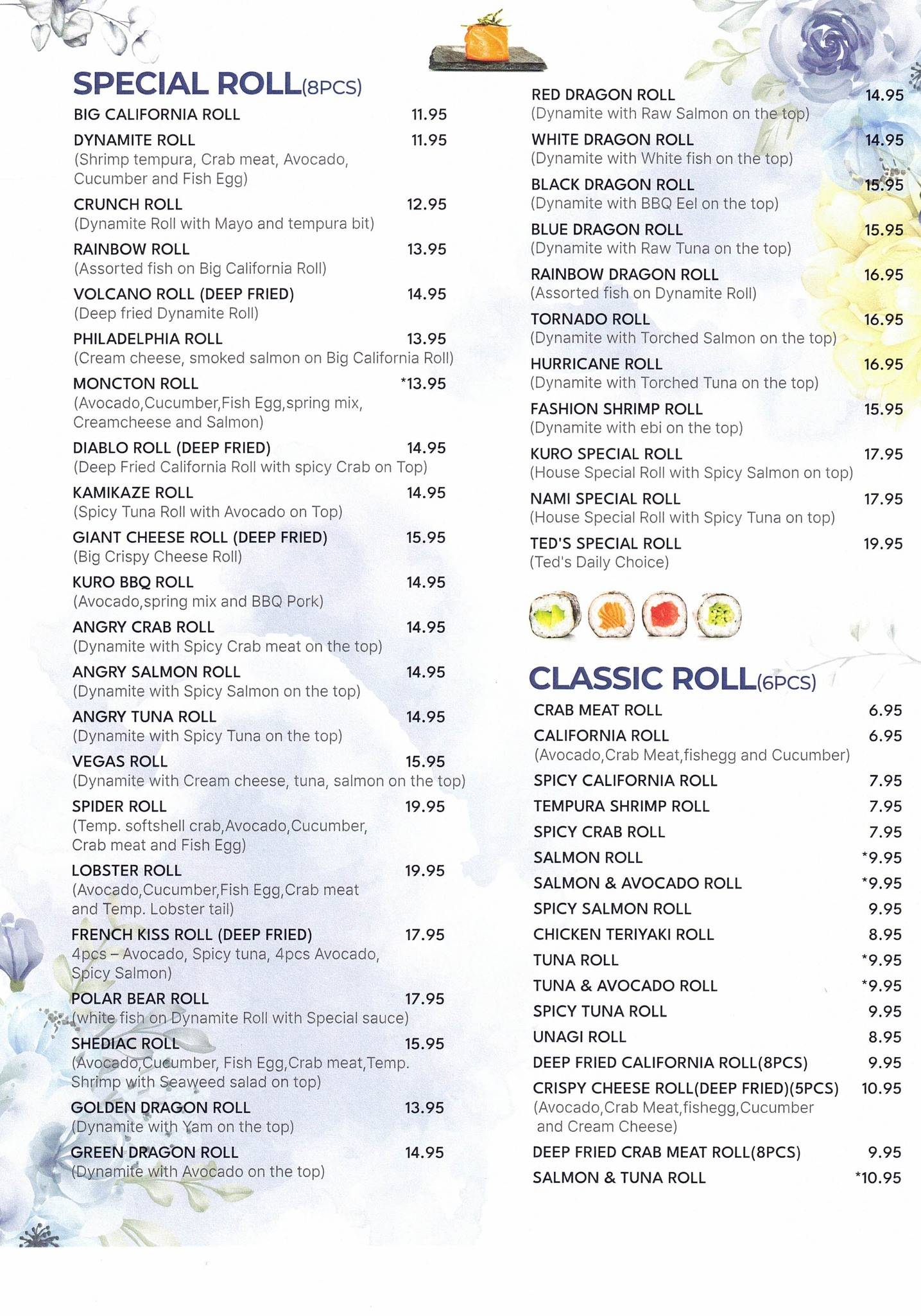Menu at Kuro sushi restaurant, Shediac