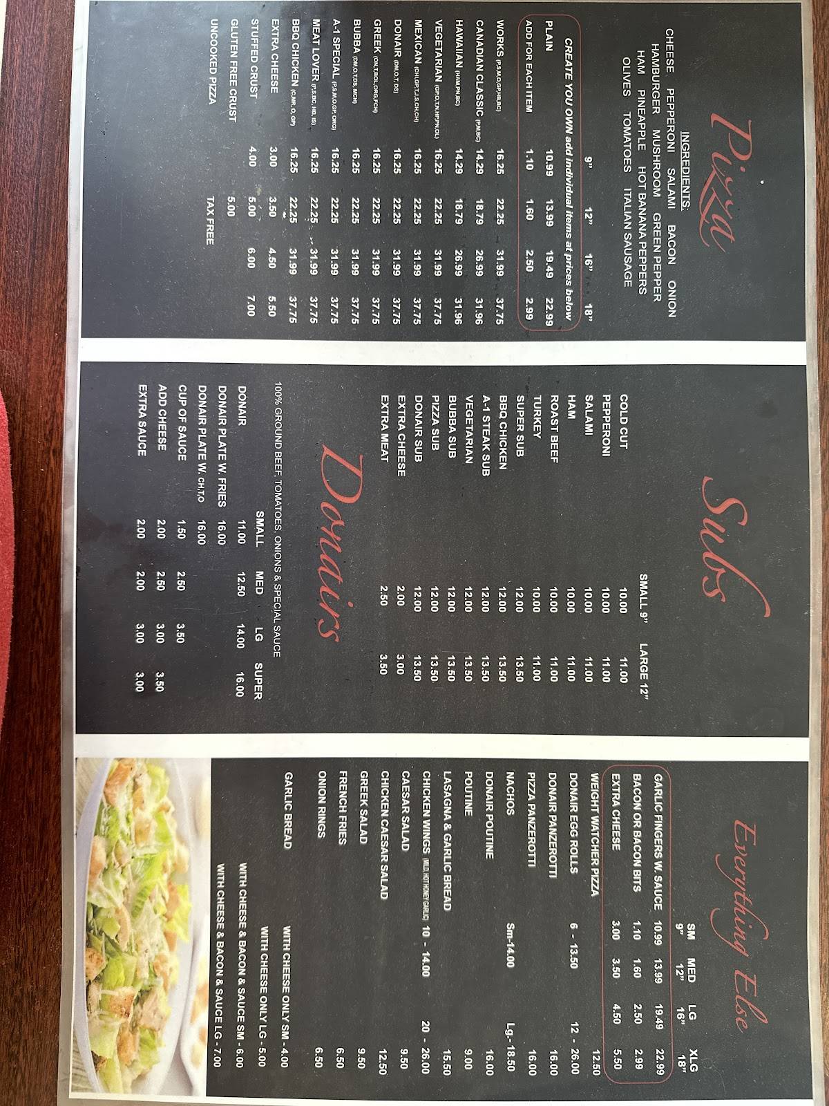Menu at A1 Pizza restaurant, Shelburne