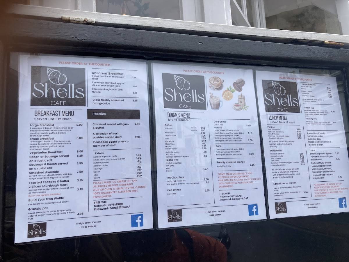 Menu at Shells Cafe, Ventnor