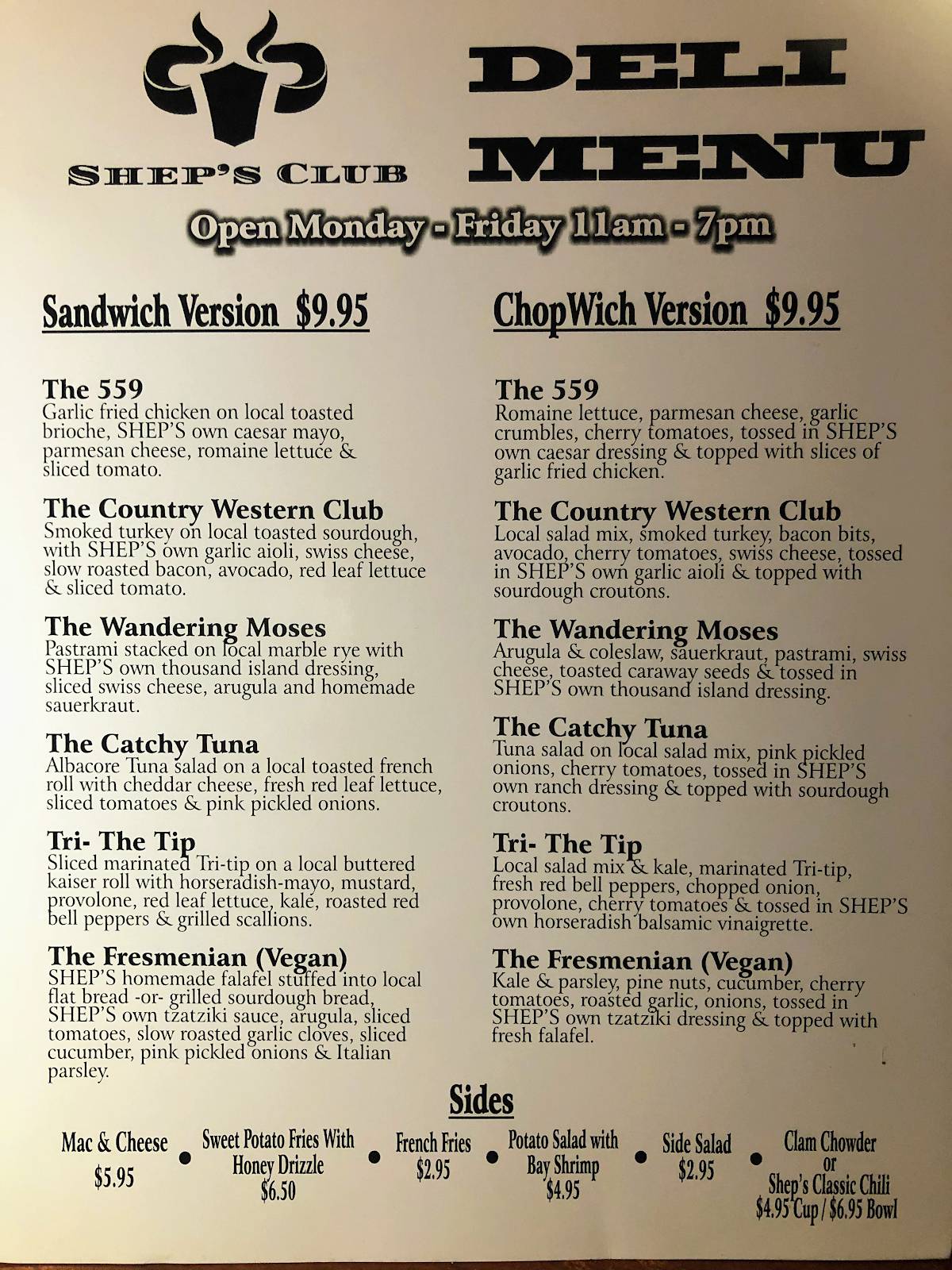 Menu at Shep's Club at Shepherd's Inn, Fresno