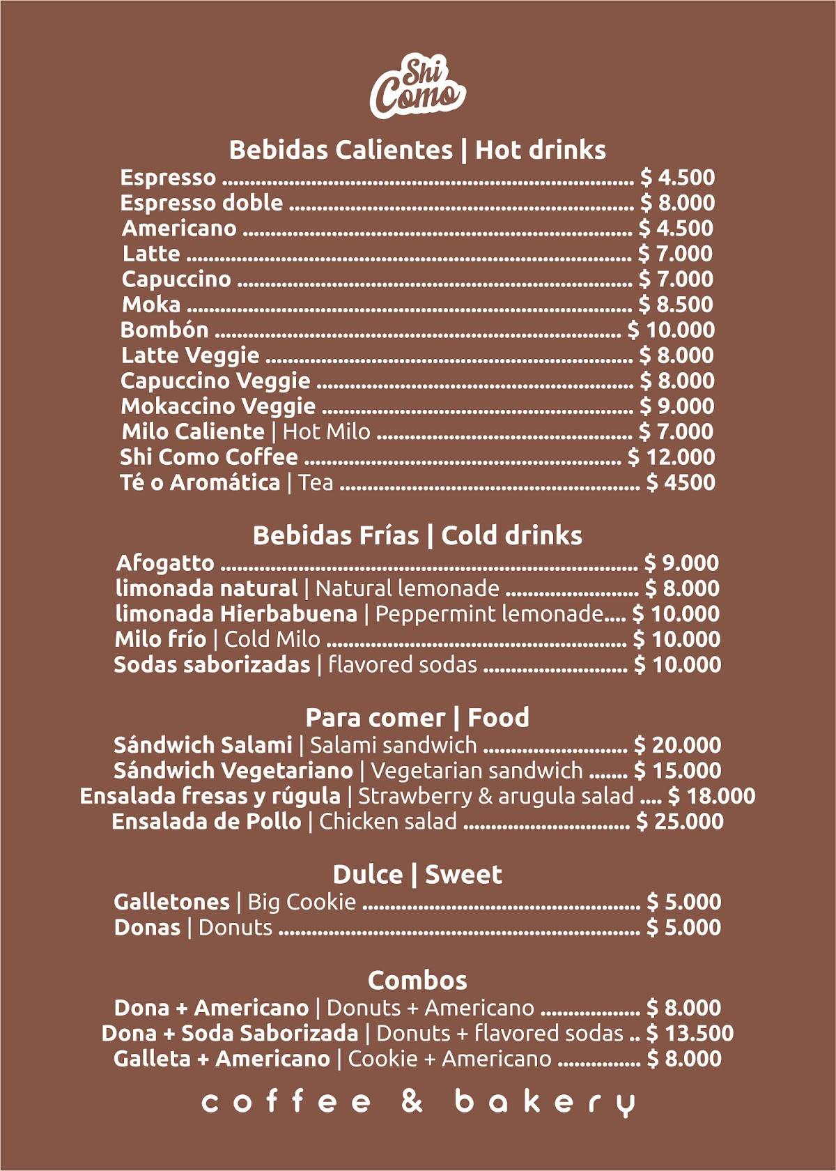 Menu at Shi Como Coffee and Bakery, Colombia