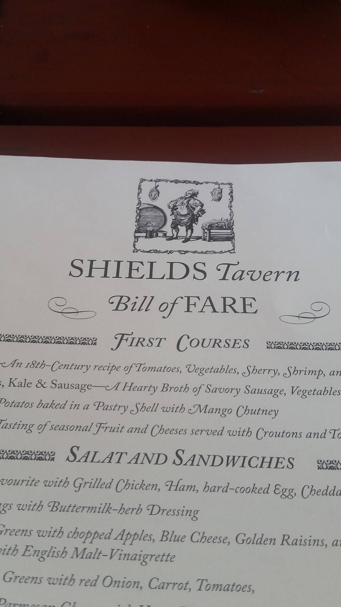 Menu at Shields Tavern restaurant, Williamsburg