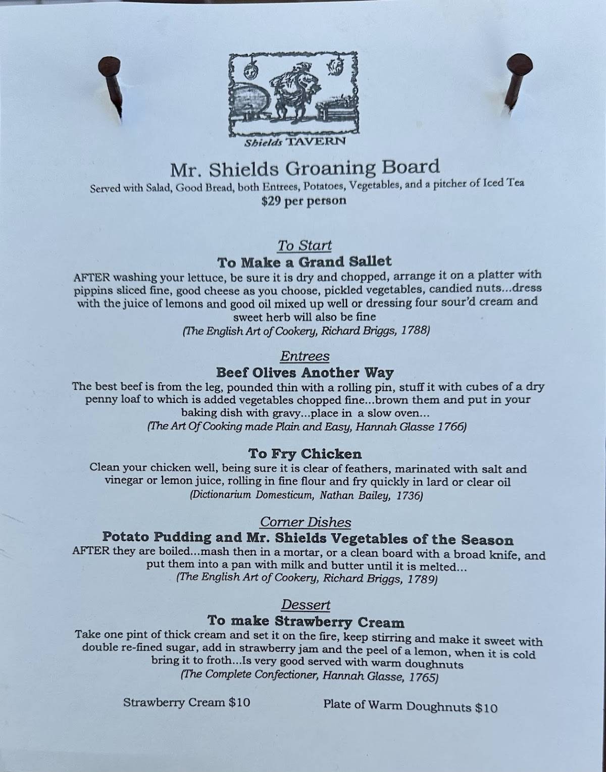 Menu at Shields Tavern restaurant, Williamsburg