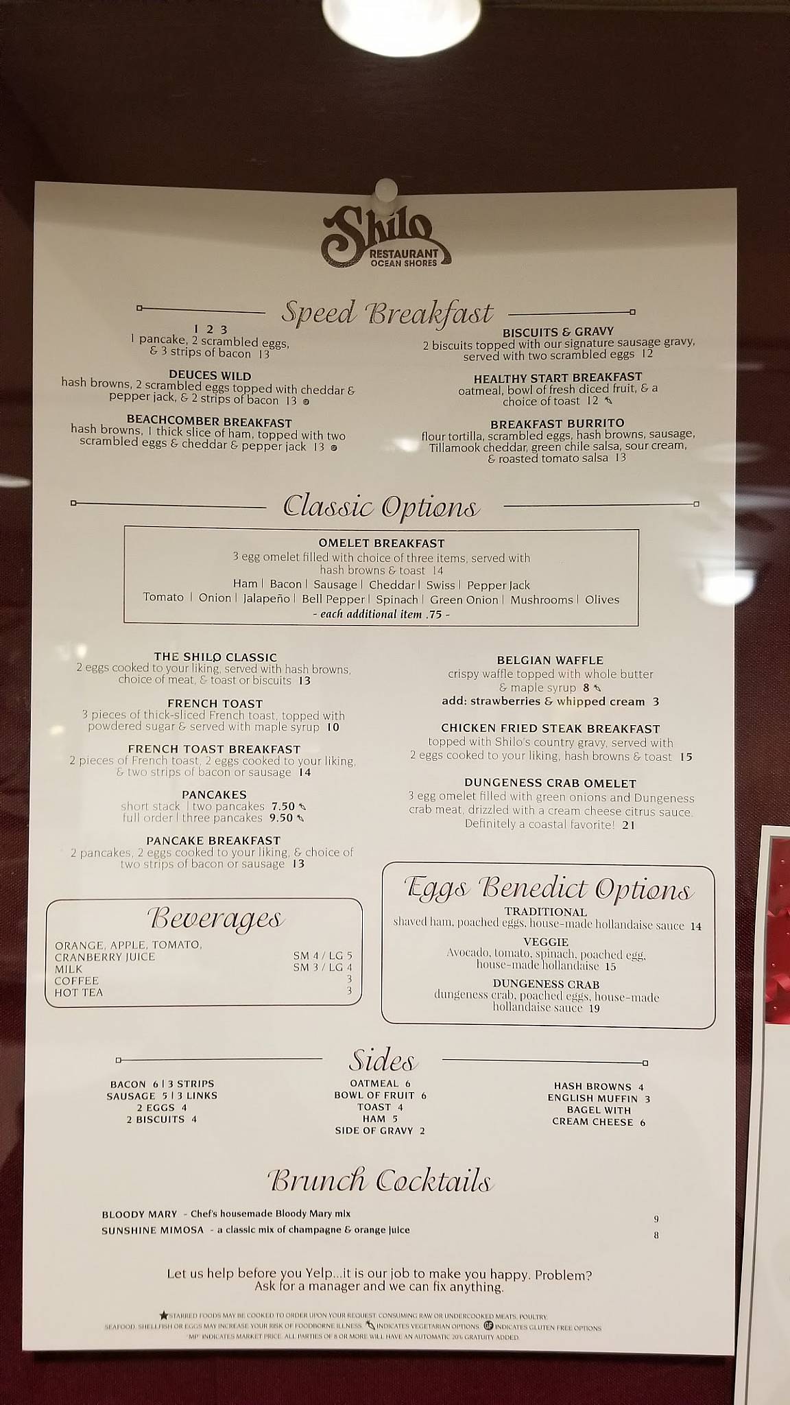 Menu at Shilo Restaurant Ocean Shores, Ocean Shores