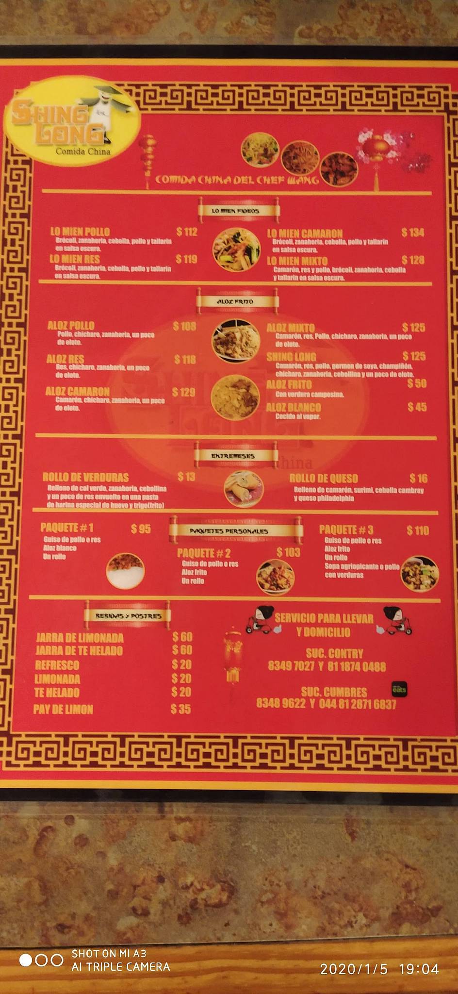 Carta del restaurante Shing Long, Monterrey, Av. Revolución 3448