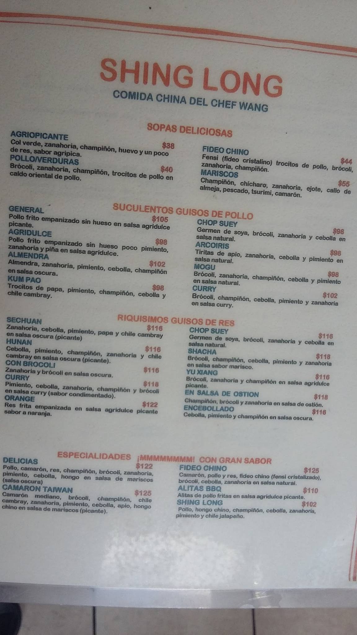 Carta del restaurante Shing Long, Monterrey, Av. Revolución 3448