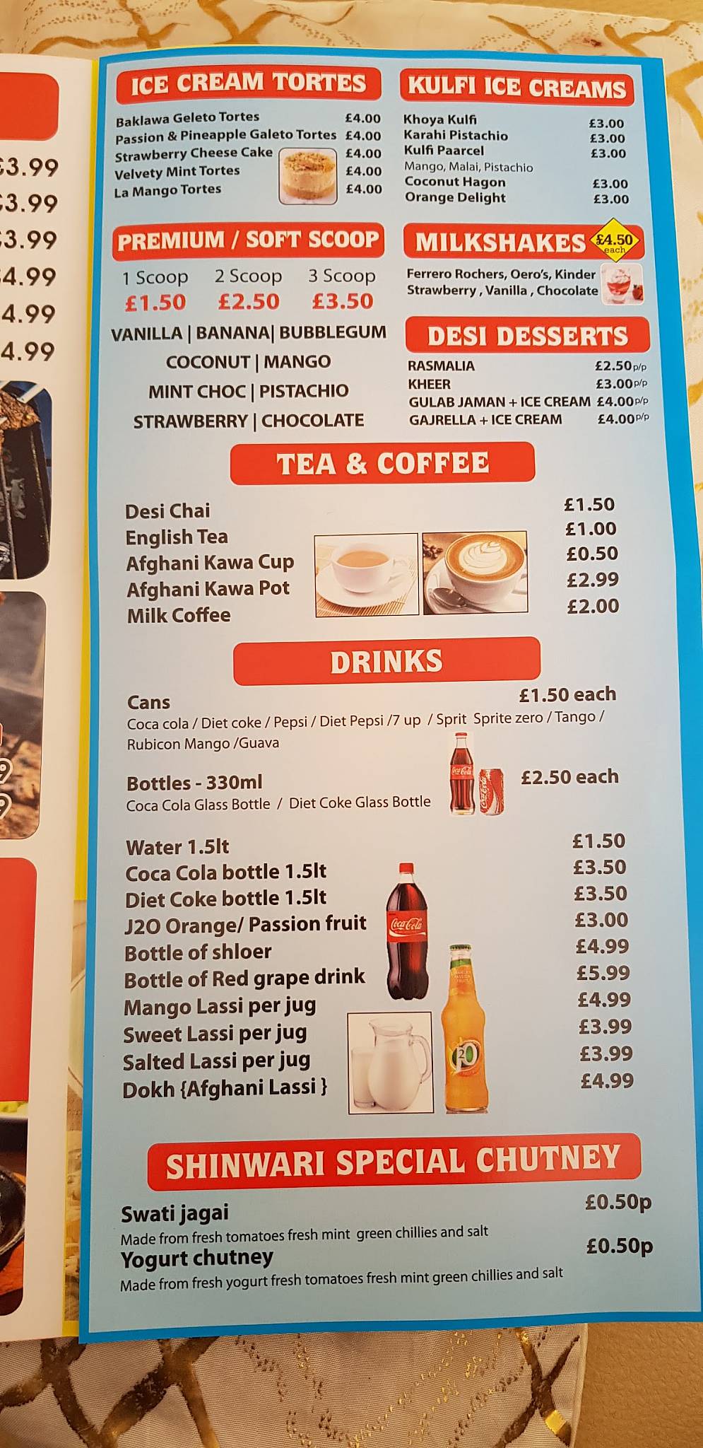 Menu at Shinwari Dera restaurant, Birmingham