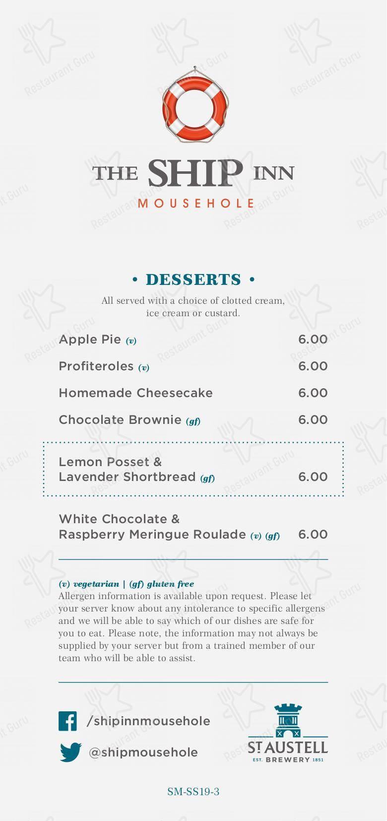 Menu at Ship Inn, Mousehole pub & bar, Penzance