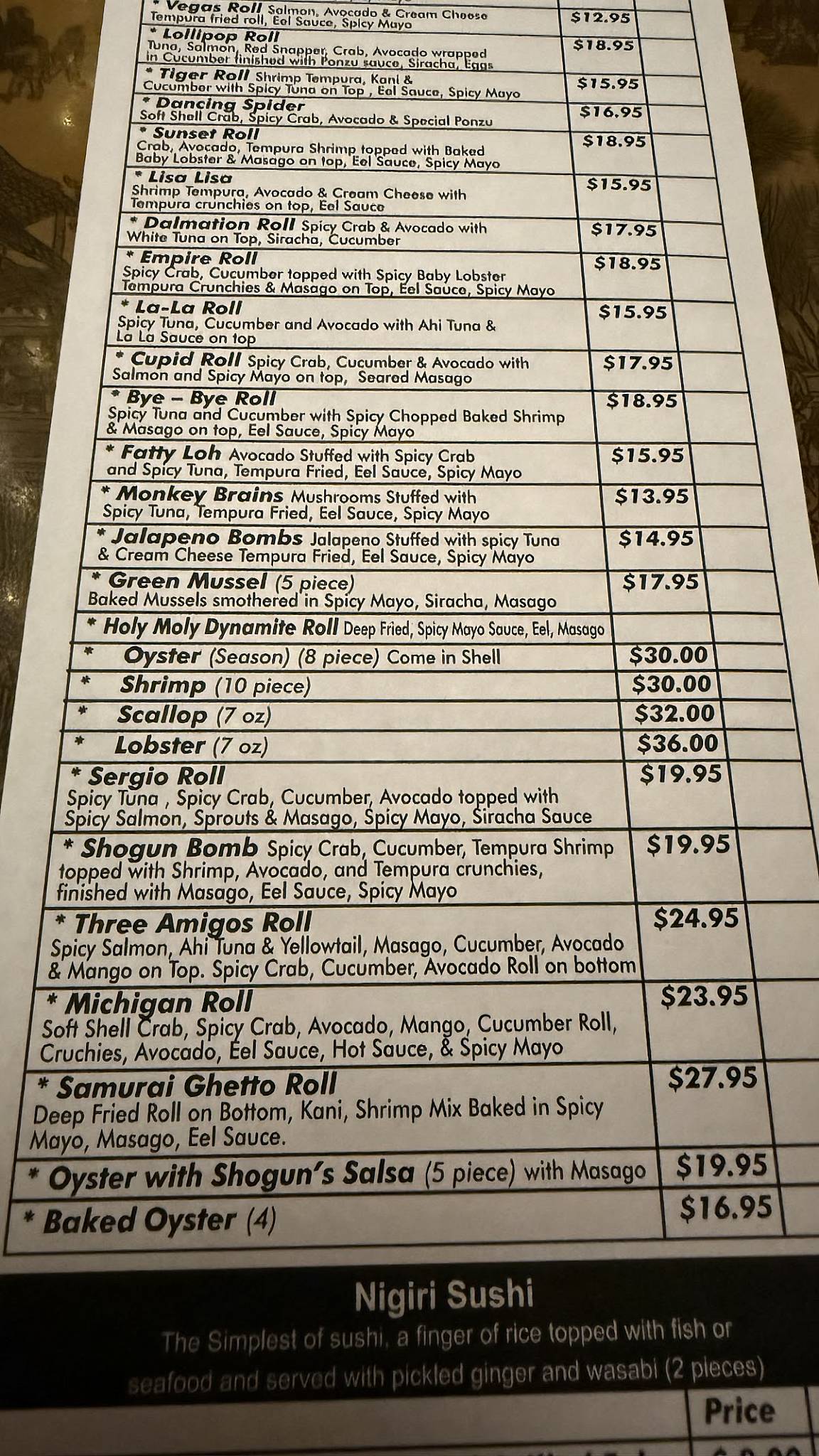 Menu at Sho-Gun Japanese Cuisine restaurant, Lake Havasu City