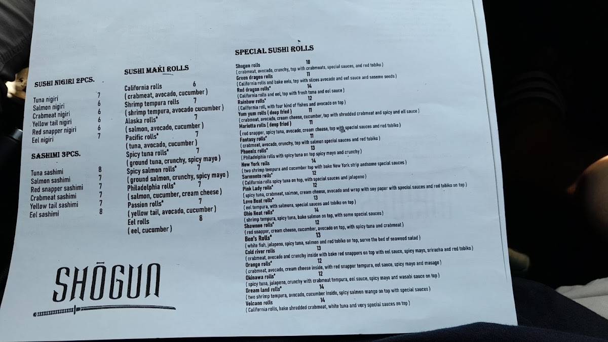 Menu at Shogun Sushi & Hibachi restaurant, Marietta
