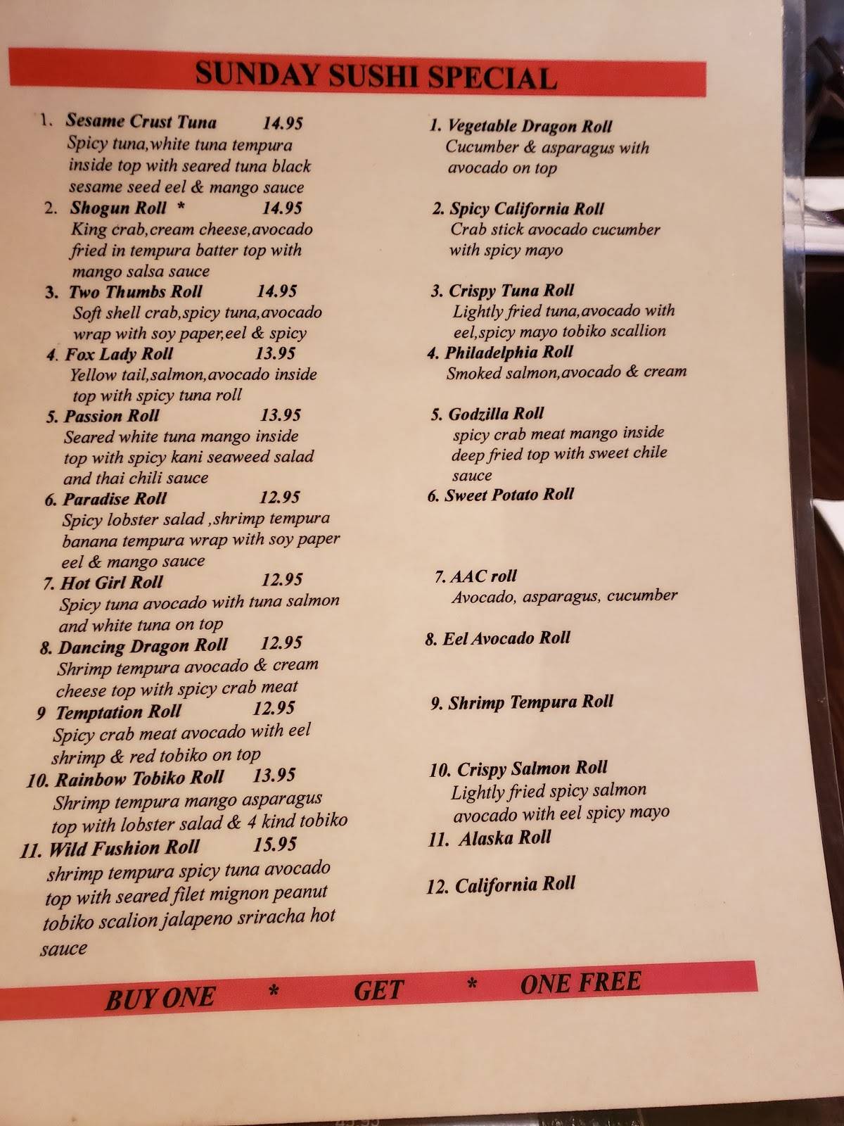 Menu at Shogun Sushi and Hibachi restaurant, Onalaska, Crossing Meadows Dr