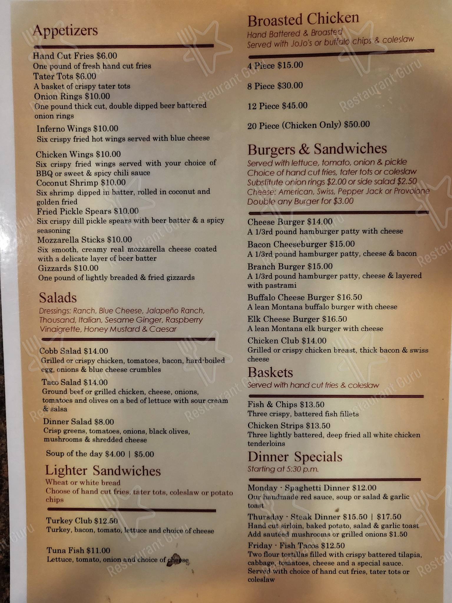 Menu at Short Branch pub & bar, Lakeside, U.S. 93 S