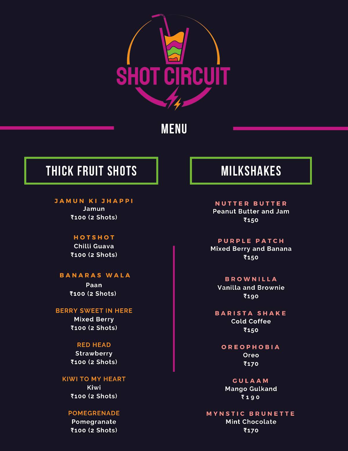 Menu at Shot Circuit, Bengaluru