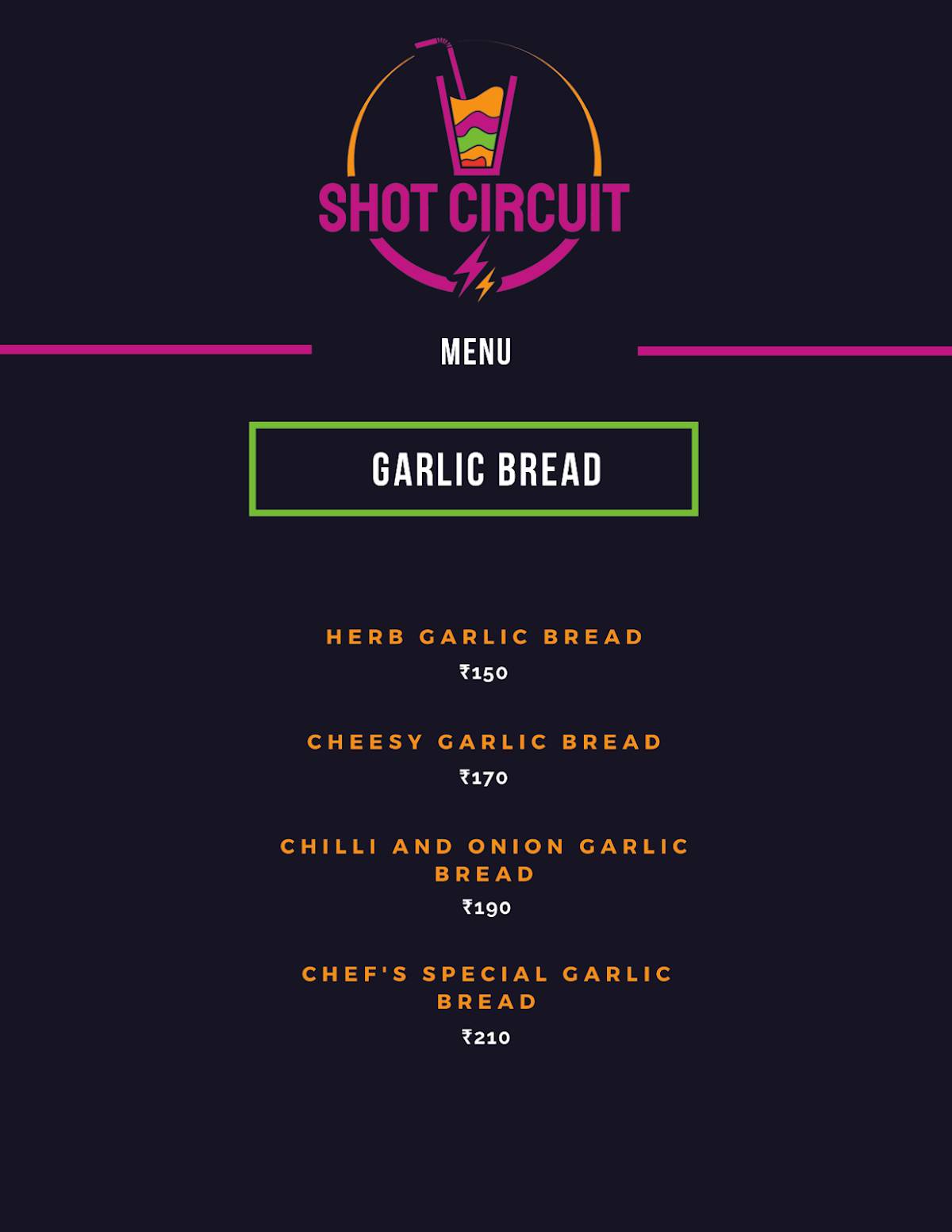 Menu at Shot Circuit, Bengaluru