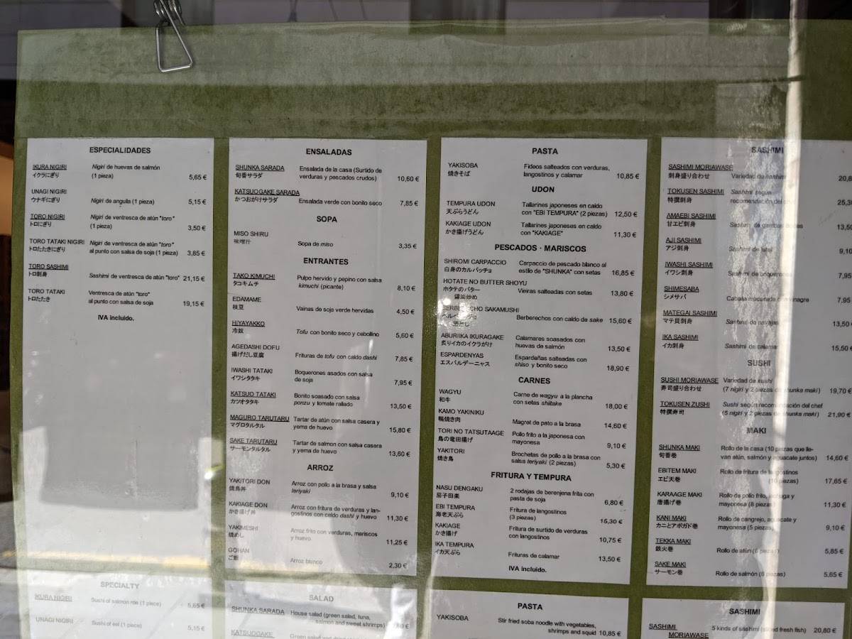 Carta del restaurante Shunka, Barcelona